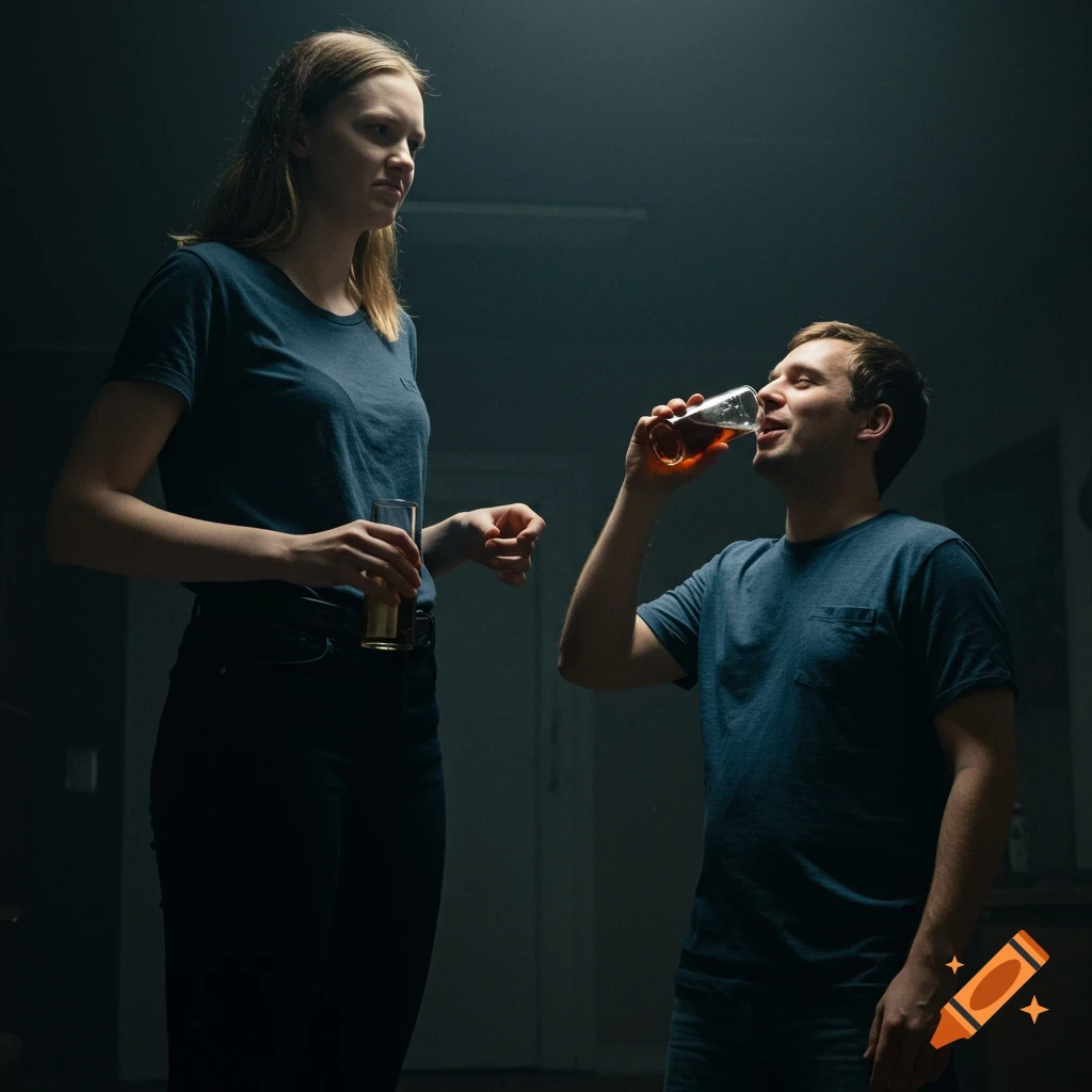 Cinematic still of a tall woman and short man drinking together on Craiyon