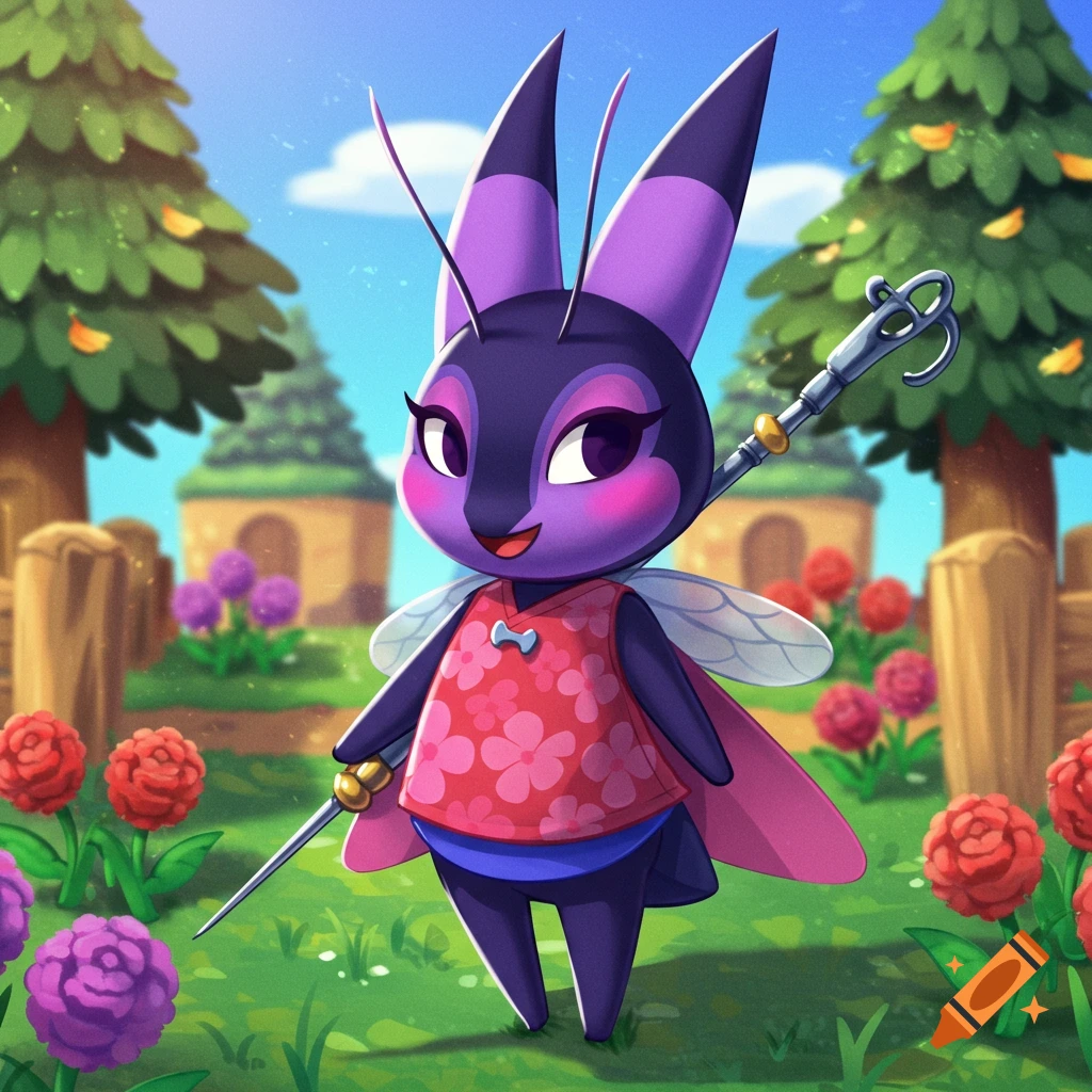 A purple insect character styled like an Animal Crossing villager ...