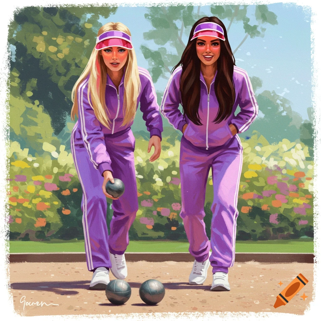 Two women wearing purple tracksuits play bocce in a park setting. on ...