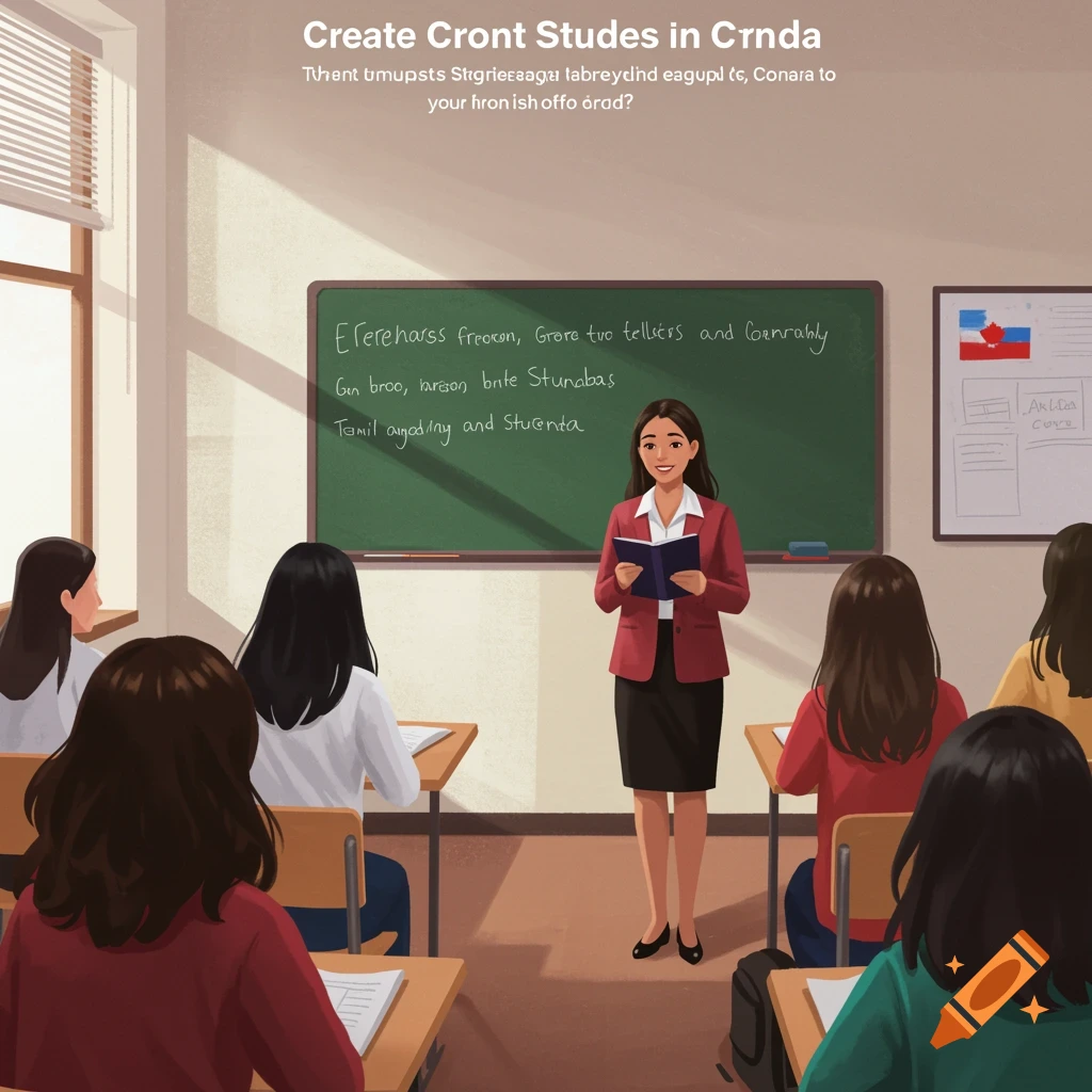 Diverse students learning English in a Canadian classroom on Craiyon