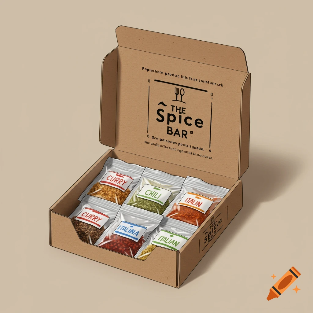 Cardboard box package with spice sample packs on Craiyon