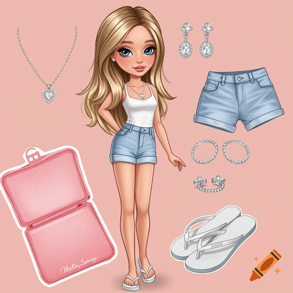 Natalie cartoon doll with light brown hair, white tank top and light ...