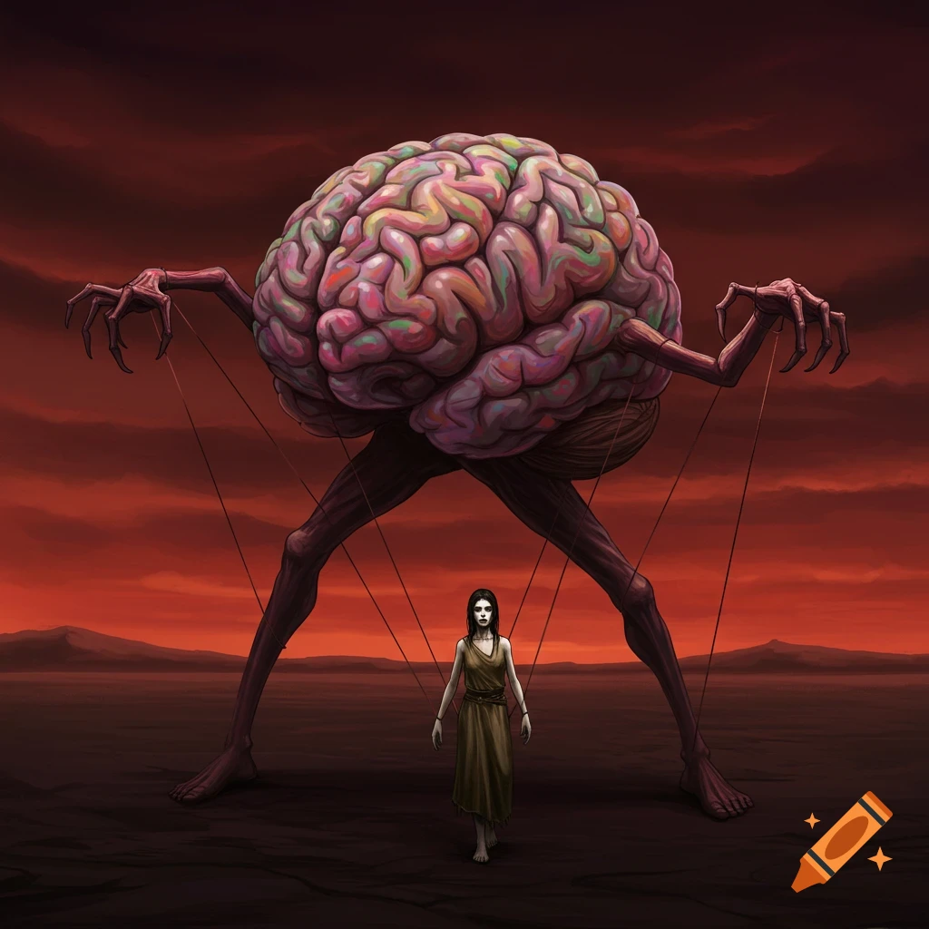 A large brain creature controls a woman like a puppet under a red sky ...