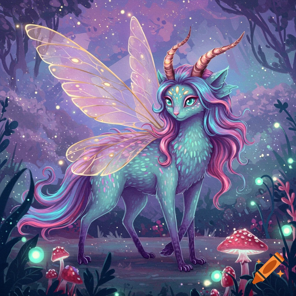 A vibrant, deer-like creature with glowing pink and turquoise fur, large blue eyes, and neon ...