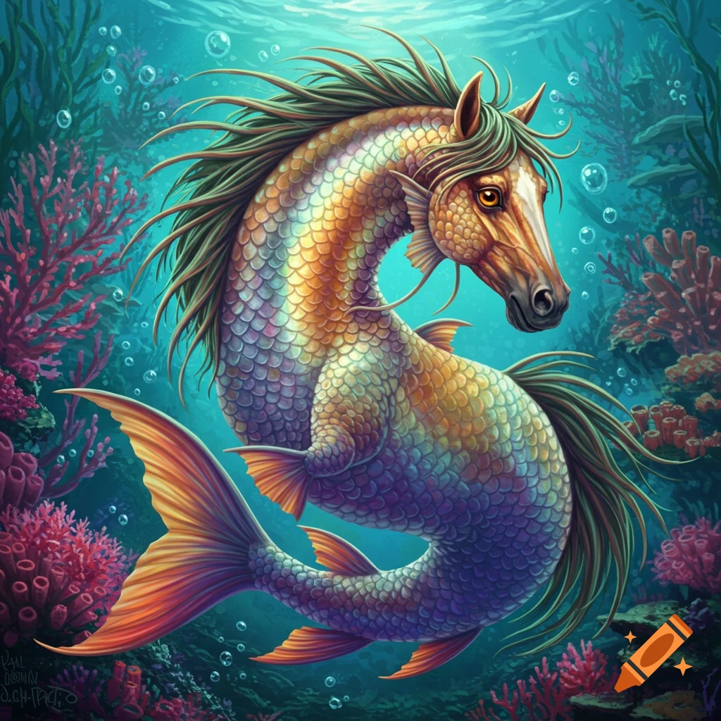 A fantasy creature, a horse mixed with a fish, is swimming underwater ...