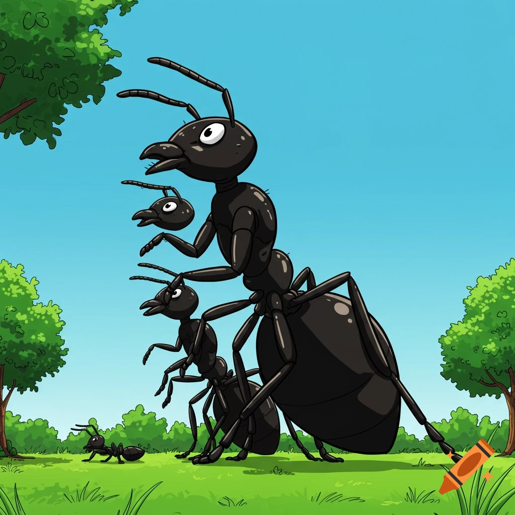 Cartoon red and black ants face off in a backyard forest floor. on Craiyon