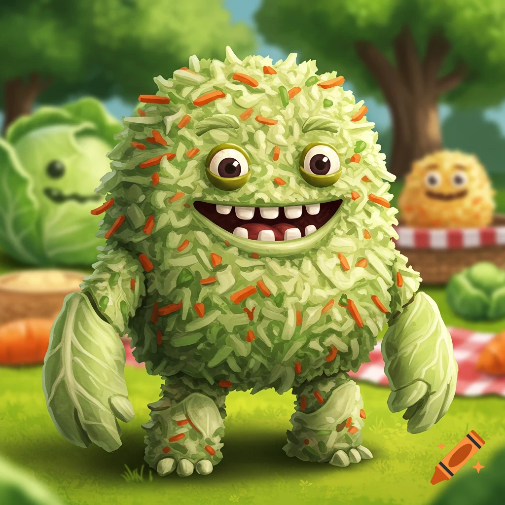 A green monster made of coleslaw stands in a park with other vegetable ...