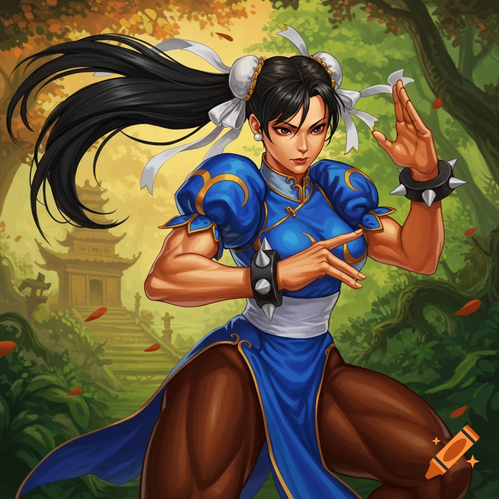 Muscular woman resembling Chun Li in fighting pose in arena, digital ...