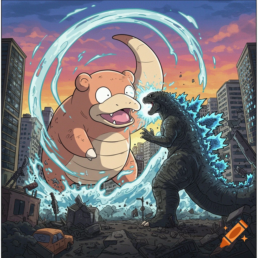 Giant Slowpoke and Godzilla battle in a ruined city. on Craiyon