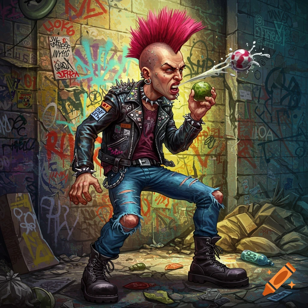 Punk girl with pink mohawk skateboarding in front of a graffiti wall ...