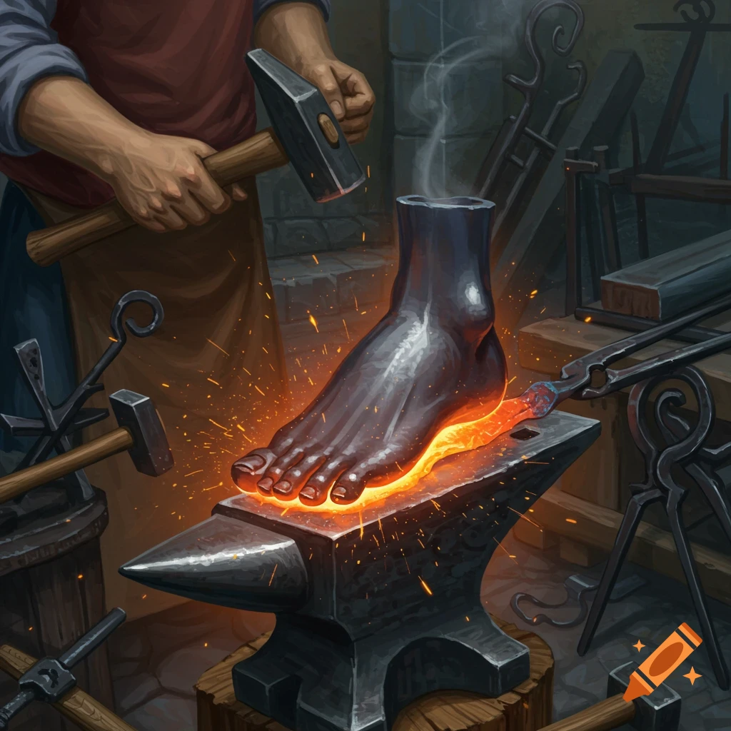 A blacksmith hammering a glowing hot metal foot on an anvil in a forge. on Craiyon