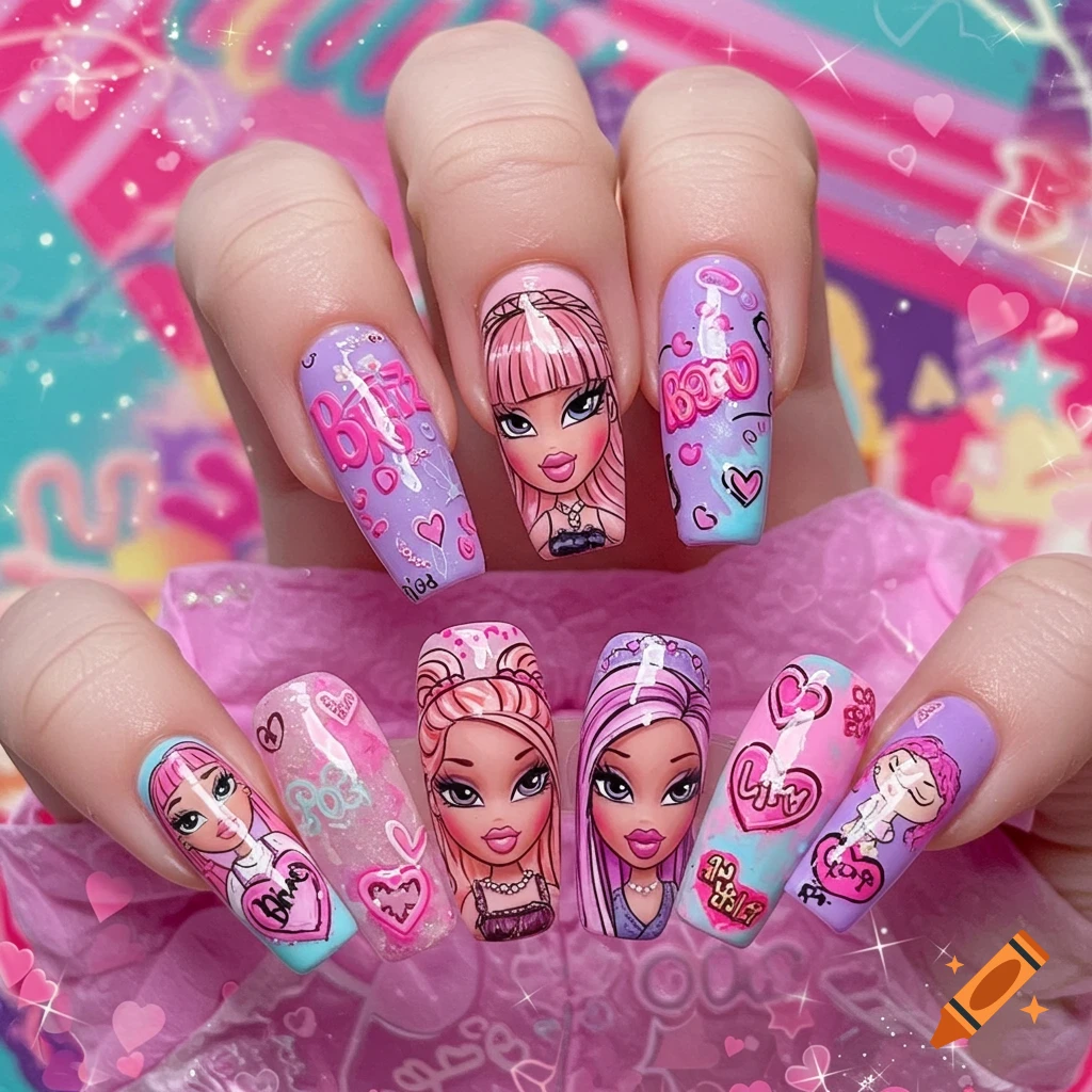 Hands with colorful Bratz-themed nail art, including faces, text ...