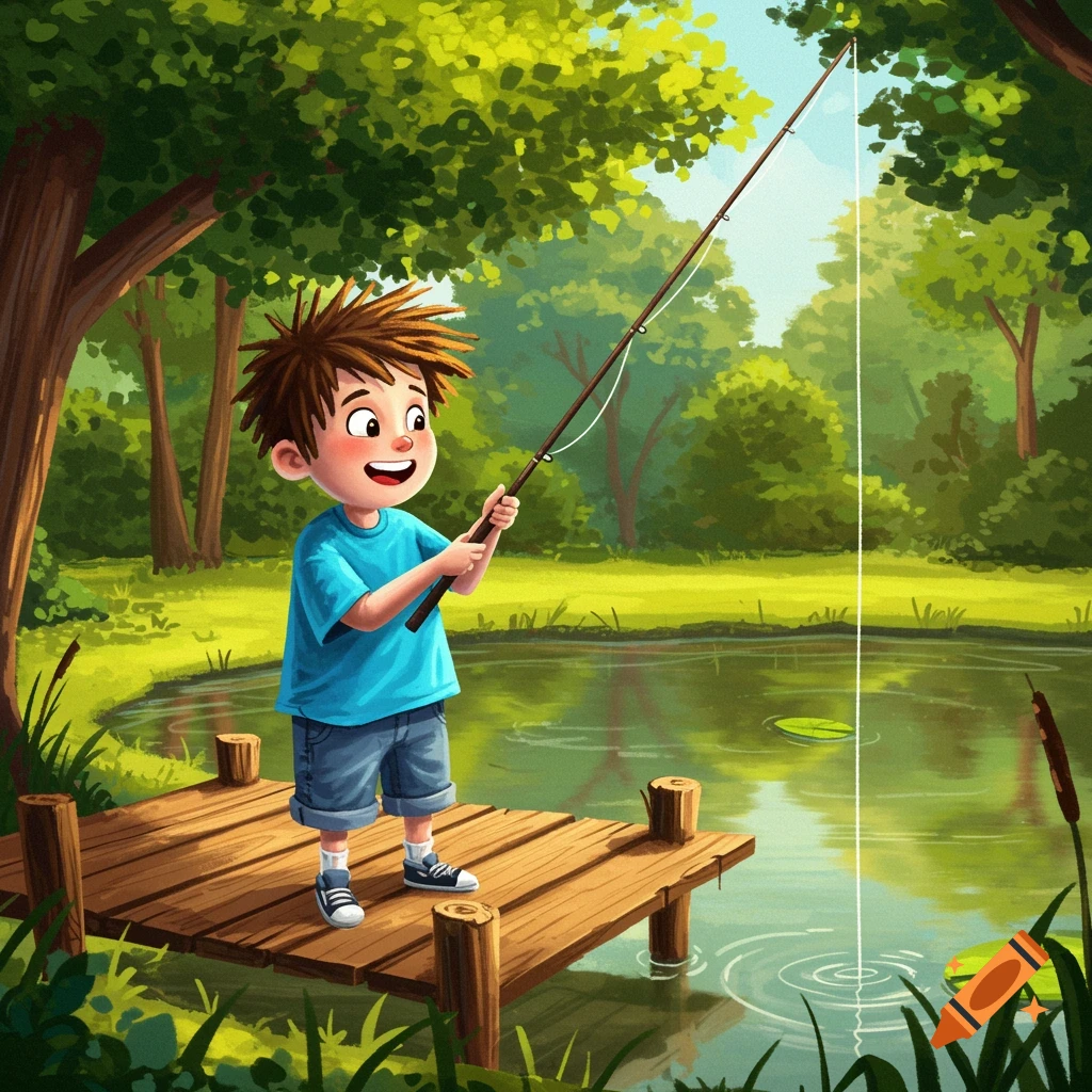 A boy fishing from a dock on a pond in a forest. on Craiyon