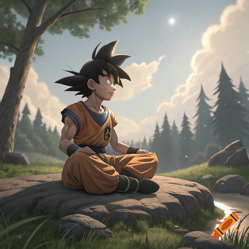 Watercolor 3D image of a Goku-inspired anime character meditating in ...