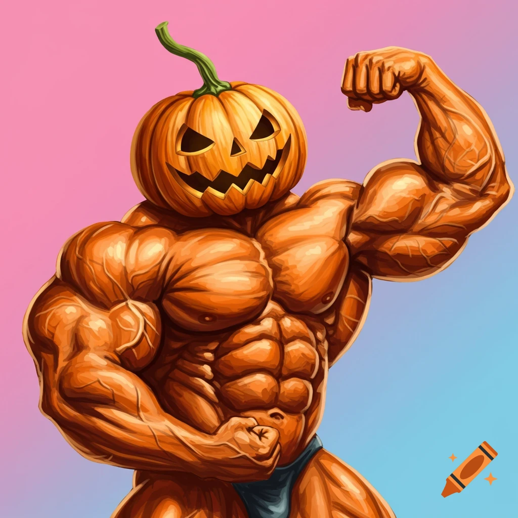 Pumpkin bodybuilder with muscles and a smiling pumpkin head on Craiyon