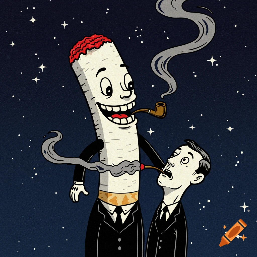 A cartoon illustration of a giant cigarette smoking a small man with a ...