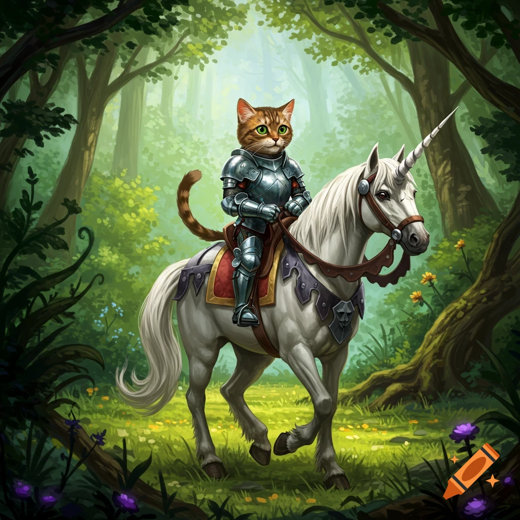 Medieval cat in armor riding a battle unicorn in a fantasy forest on Craiyon