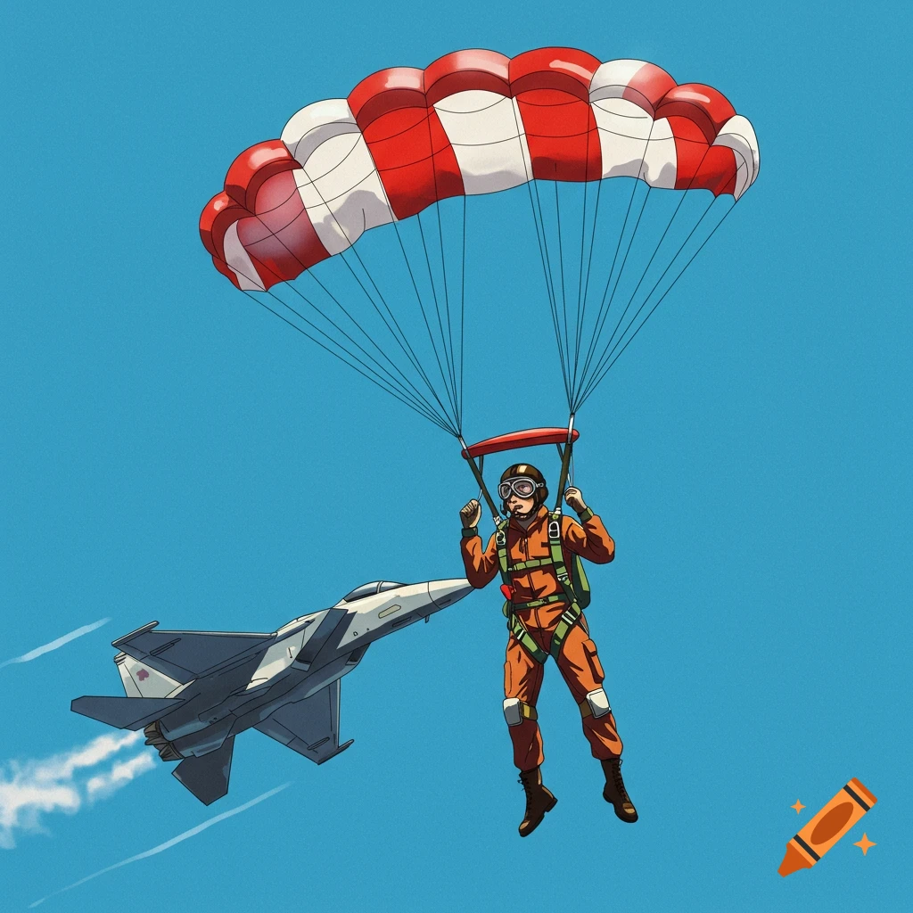 Pilot in parachute with jet flying in background on Craiyon