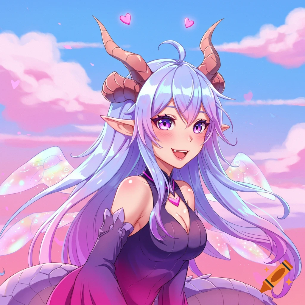 Anime Girl With Purple Hair and Horns created on Craiyon