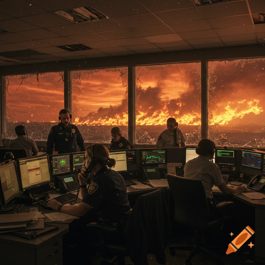 Stressed 911 dispatchers working during fire and wind storm on Craiyon