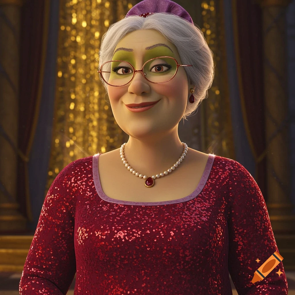 Fairy Godmother from Shrek in sparkling red dress on Craiyon