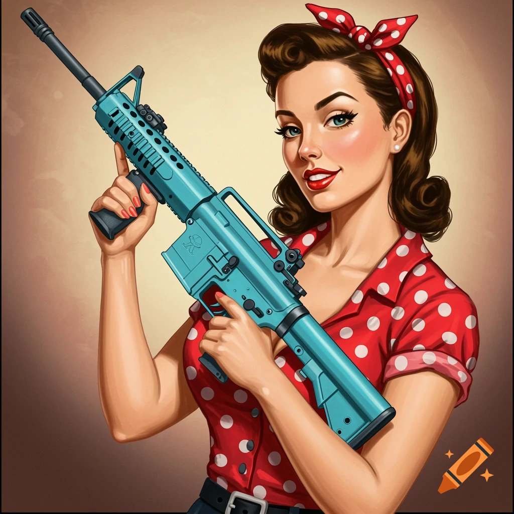 Pinup style image of a woman with a robin's egg blue AR-15 on Craiyon