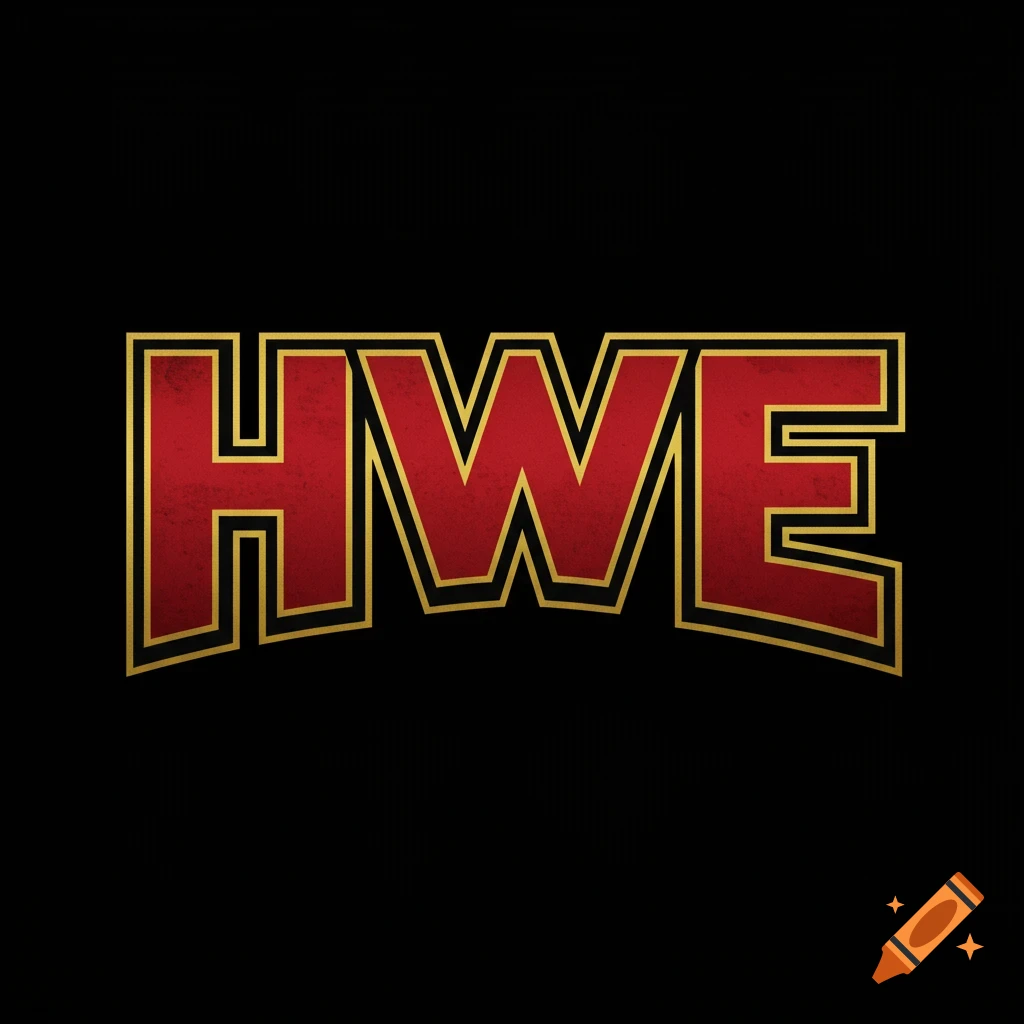 Logo with red and gold outline letters HWE in a wrestling style on Craiyon