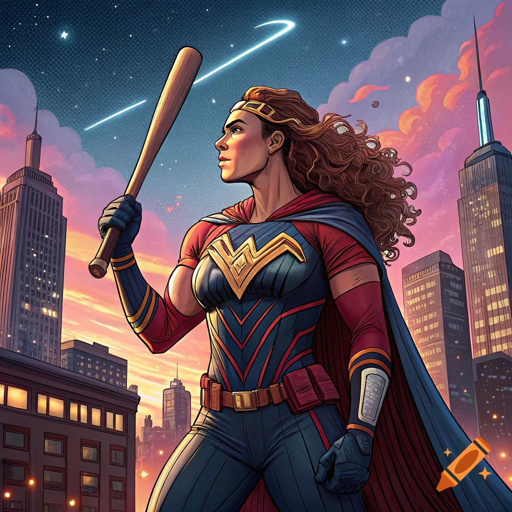 Comic art drawing of a female superhero in a city at sunset, holding a ...