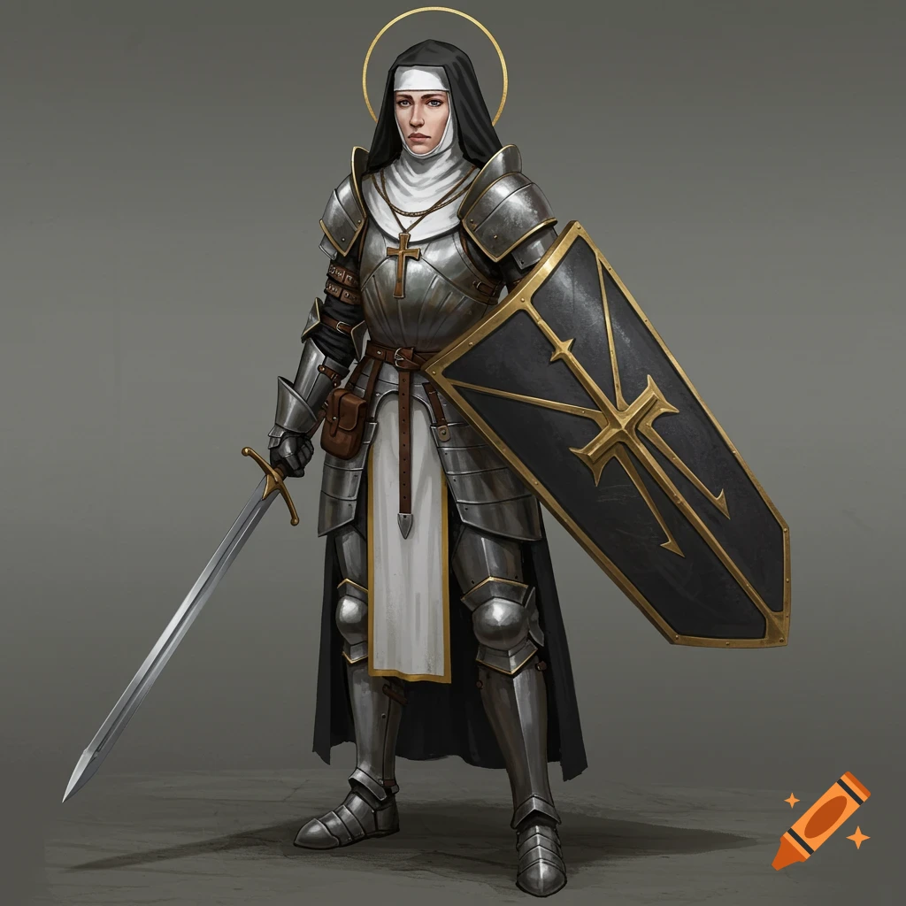 A warrior nun in full plate armor holds a sword and large shield, with ...