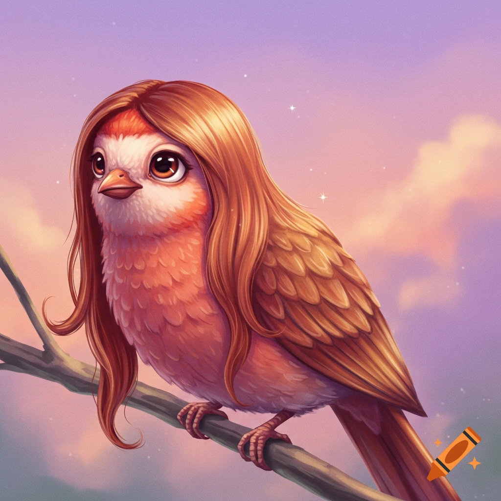 A cute bird with long brown hair sits on a branch against a colorful ...
