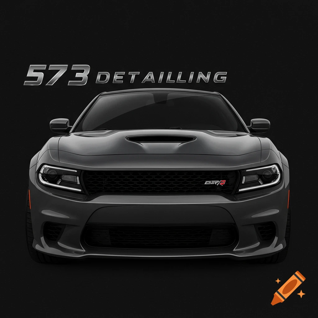 Front view of a gray Dodge Charger Hellcat with "573 DETAILLING" logo ...
