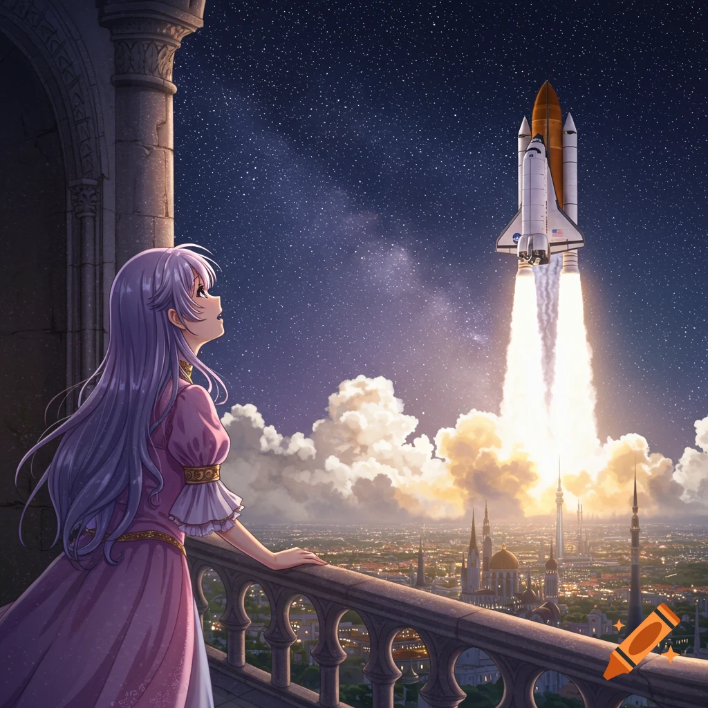 Anime princess watching a NASA space shuttle launch from a castle ...