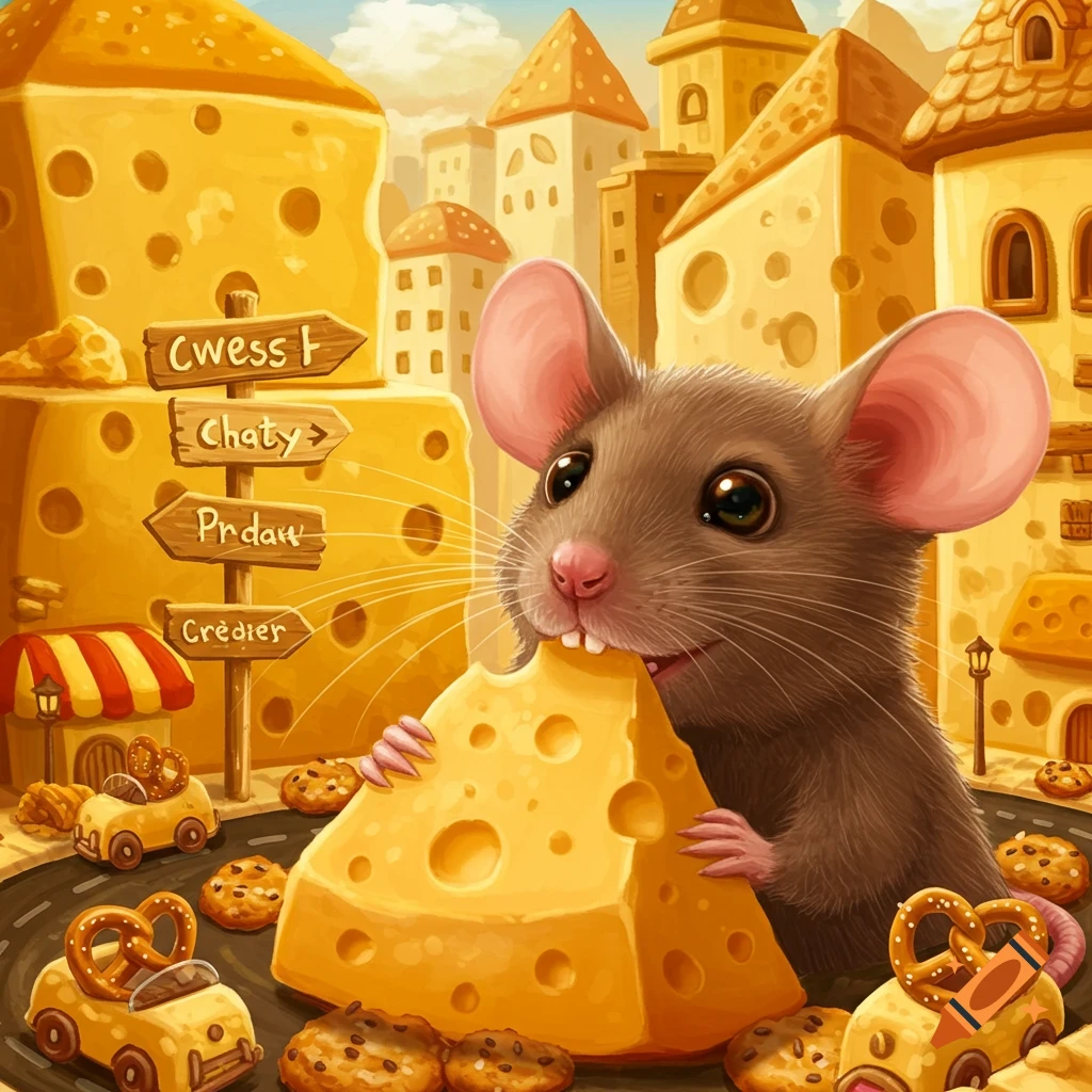 A brown mouse on a wooden wheel reaches up towards a dangling piece of ...