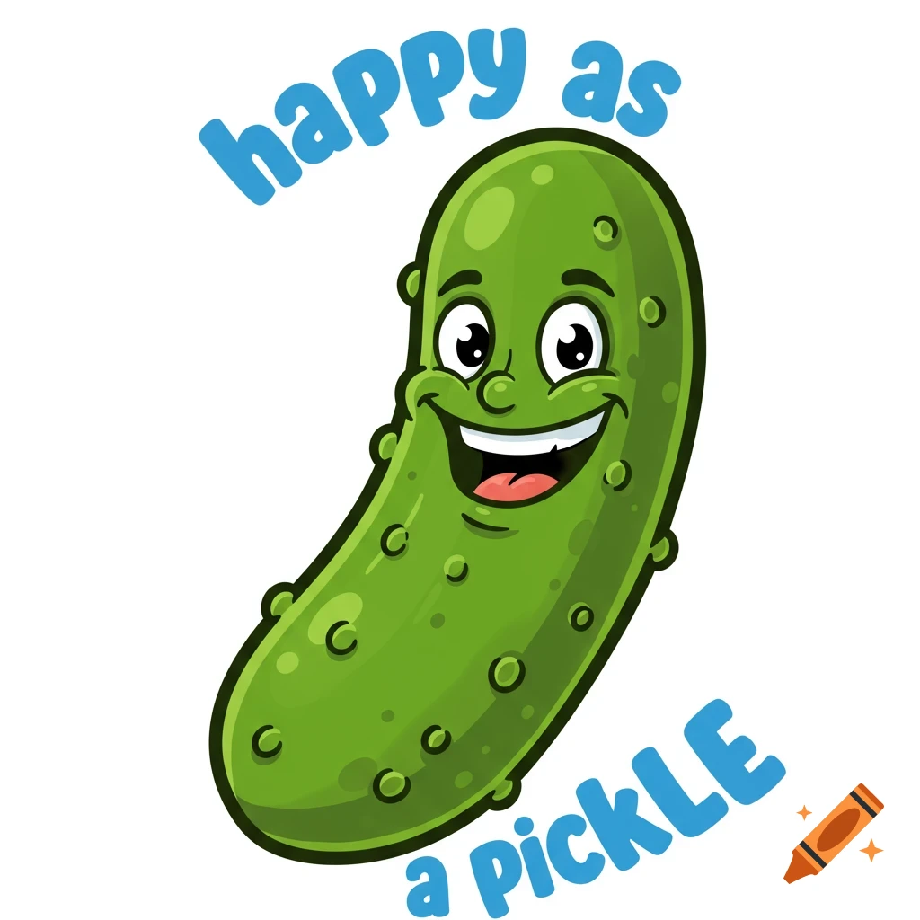 Cartoon pickle with text "happy as a pickle" on Craiyon