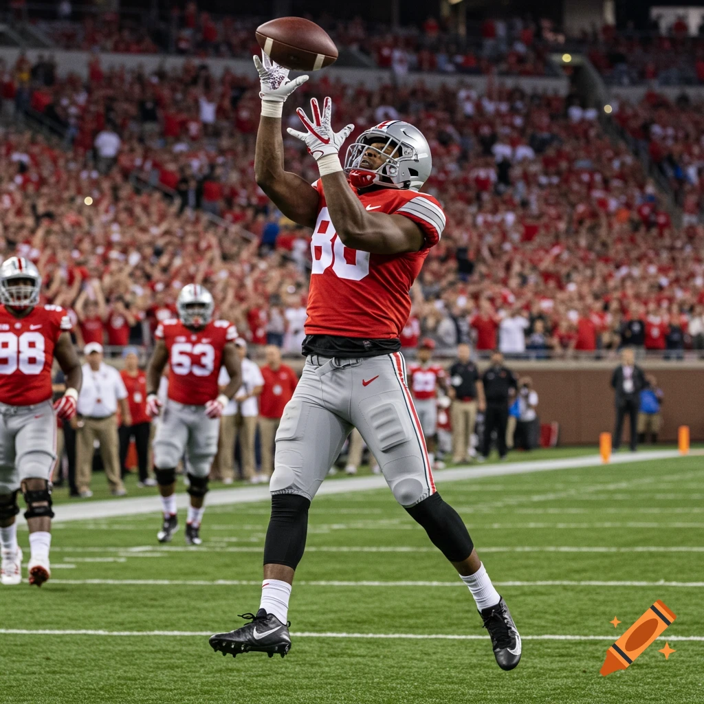 Ohio State football player one-handing a football in the air on Craiyon