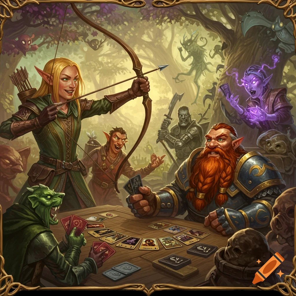 Three fantasy characters, an elf, a human, and a dwarf, play cards at a ...