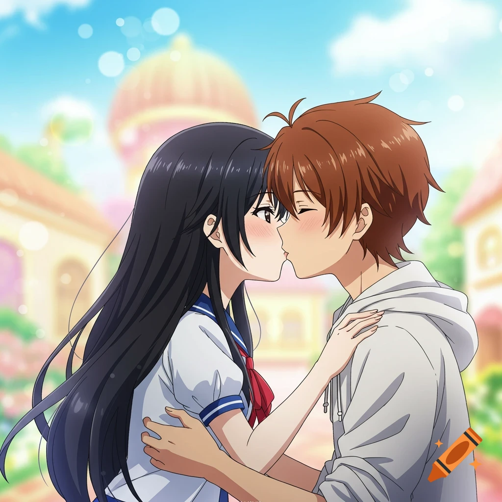 Anime illustration of a girl and boy kissing outdoors with buildings in ...