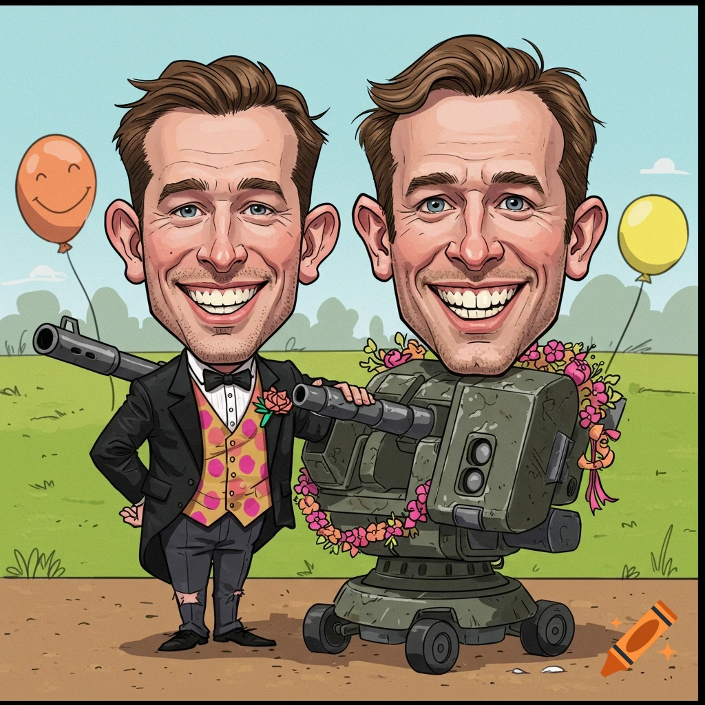 Man marrying a turret gun, caricature style on Craiyon