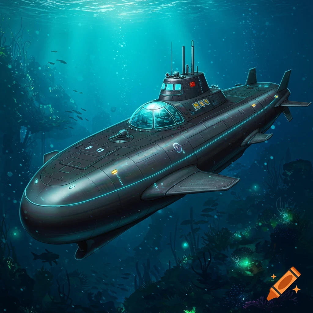 A futuristic black submarine with blue lights underwater. on Craiyon