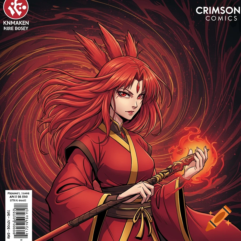 Anime-style comic cover featuring a red-haired woman in red robes ...