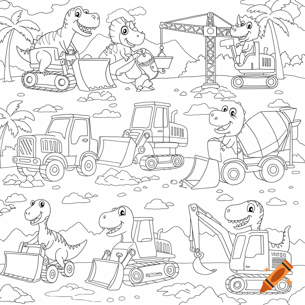 Cartoon dinosaurs on construction equipment, coloring page on Craiyon