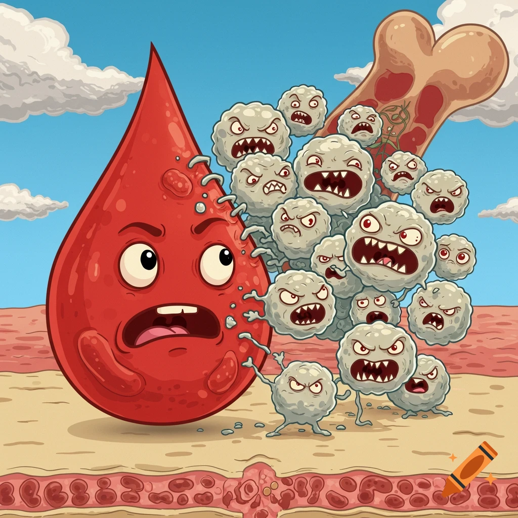 Cartoon blood drop attacked by angry white blood cells near a bone on ...