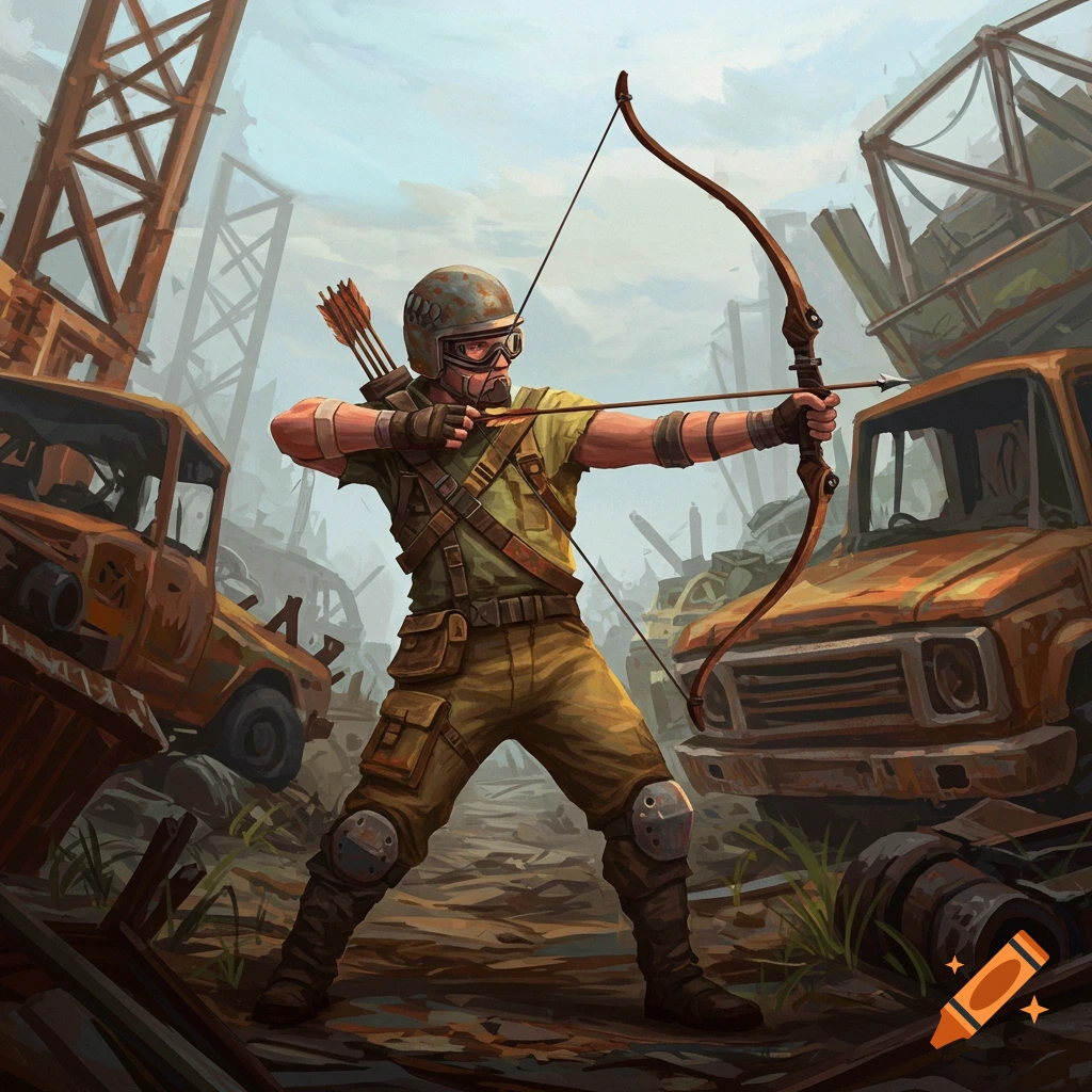 Rust player with bow fighting in Junkyard on Craiyon