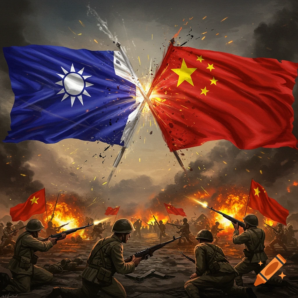 KMT and Chinese Communist Party flags clashing over a battlefield with ...