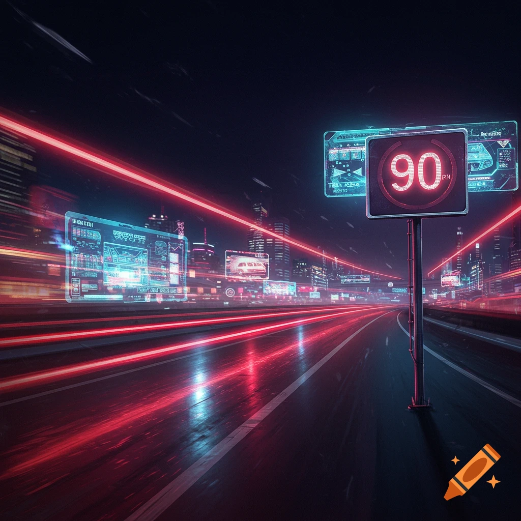 Futuristic highway with digital speed limit sign on Craiyon