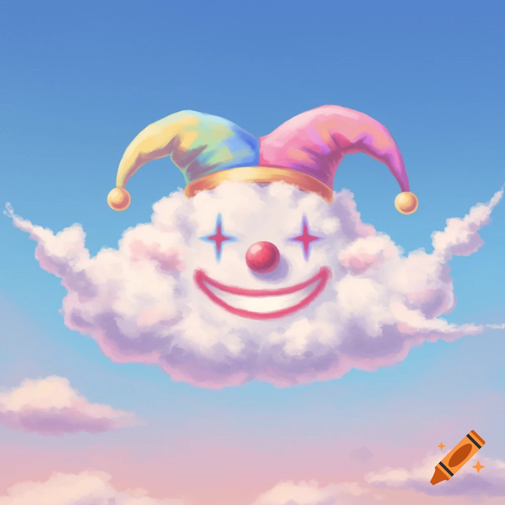Whimsical cloud shaped like a clown wearing a jester's hat in a sky. on ...