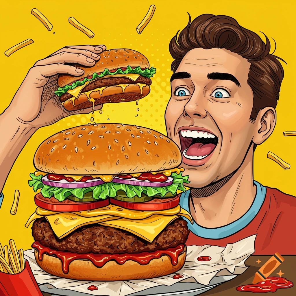 Photo of a person eating a burger in a tornado on Craiyon