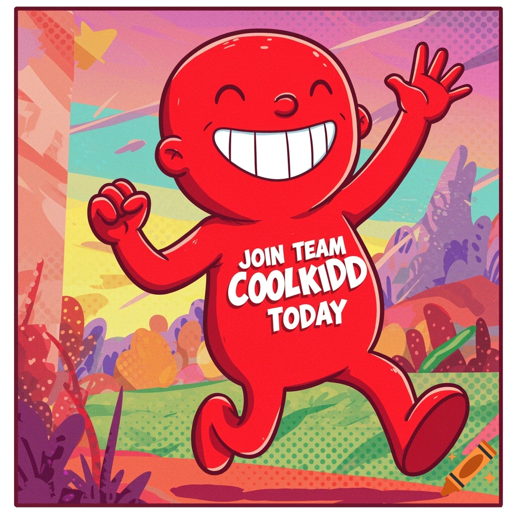 A red cartoon character runs and waves in a colorful pop art landscape ...