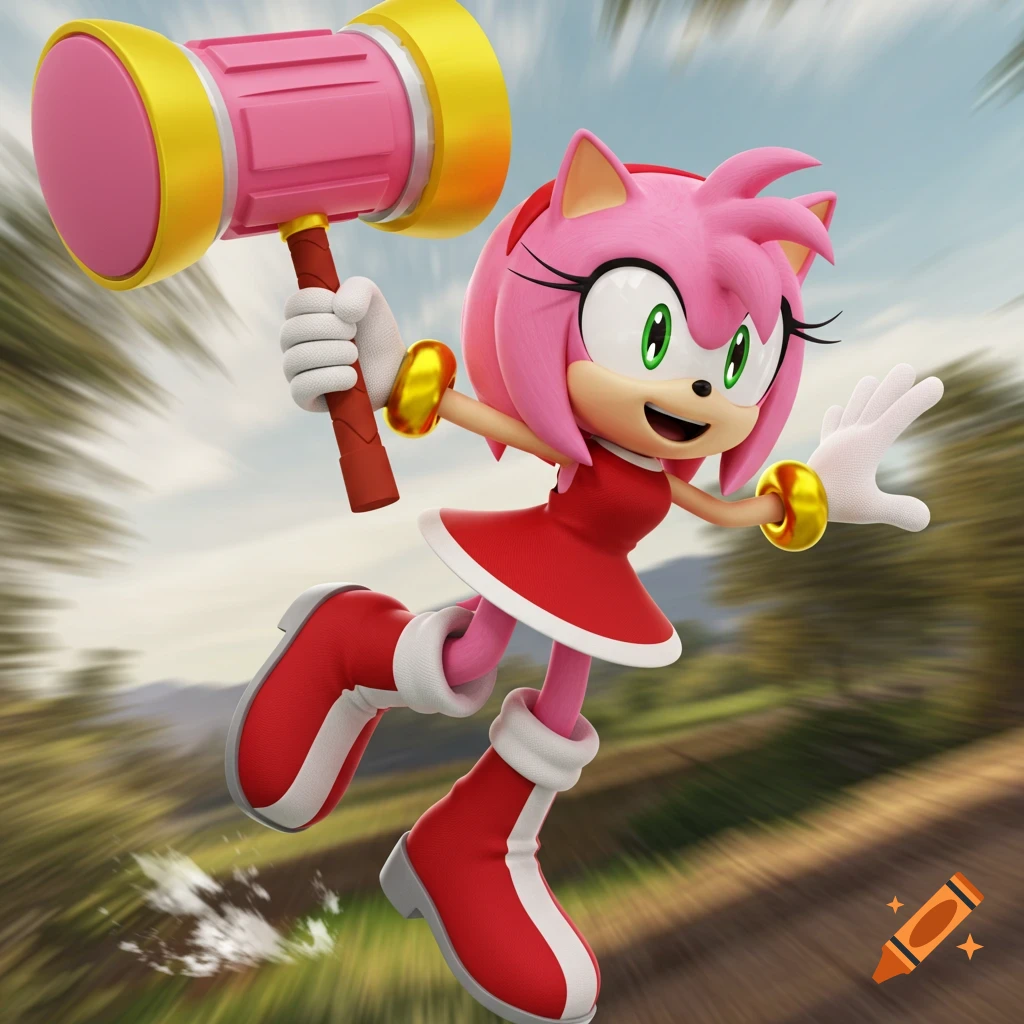 Amy Rose the Hedgehog leaping with pink hammer and wind-blown red dress ...