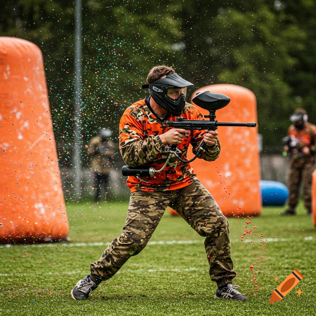 A person in gear plays speedball paintball with paint splattering. on ...